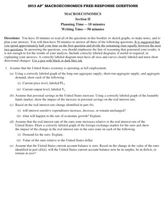 2013 AP MACROECONOMICS FREE-RESPONSE QUESTIONS | Chegg.com