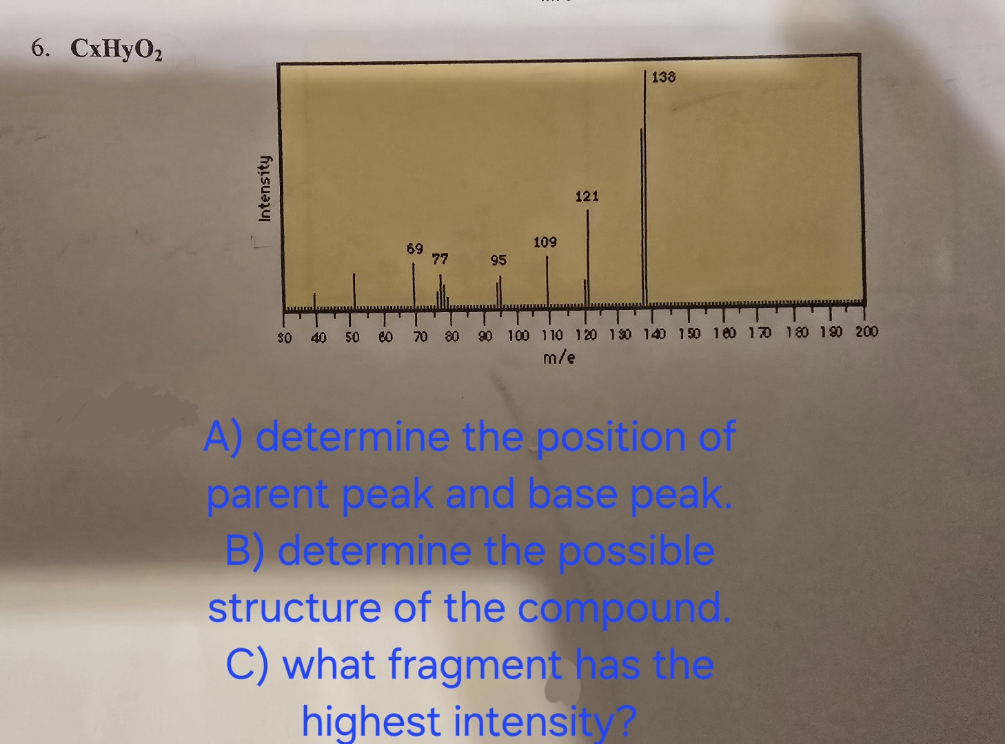 Solved CxHyO2A) ﻿determine the position of parent peak and | Chegg.com