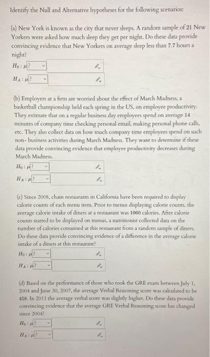 Solved Identify the Null and Alternative hypotheses for the | Chegg.com