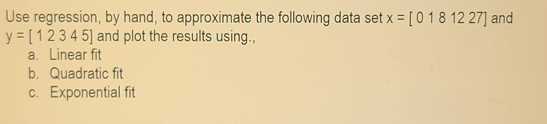 Solved y=[12345] and plot the results using., a. Linear fit | Chegg.com
