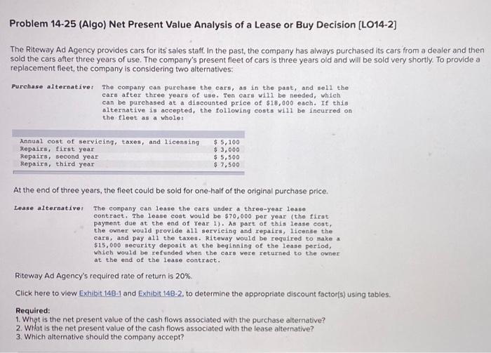 Solved Problem 14-25 (Algo) Net Present Value Analysis of a | Chegg.com