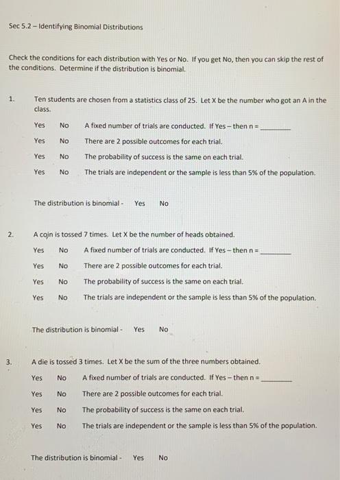 Solved Sec 5.2 - Identifying Binomial Distributions Check | Chegg.com