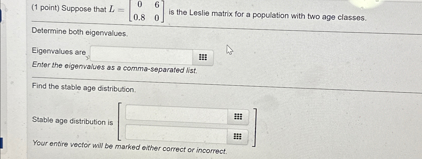 Solved (1 ﻿point) ﻿Suppose that L=[060.80] ﻿is the Leslie | Chegg.com
