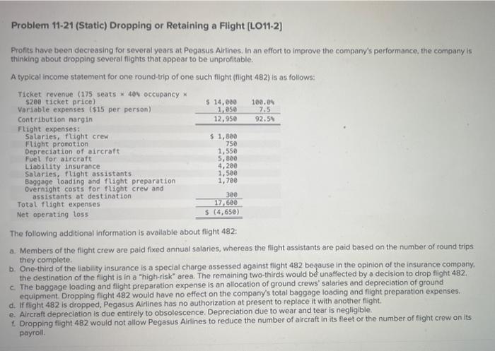 Solved Problem 11-21 (Static) Dropping or Retaining a Flight | Chegg.com