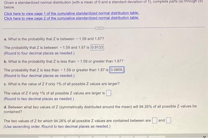Solved Given a standardized normal distribution (with a mean | Chegg.com