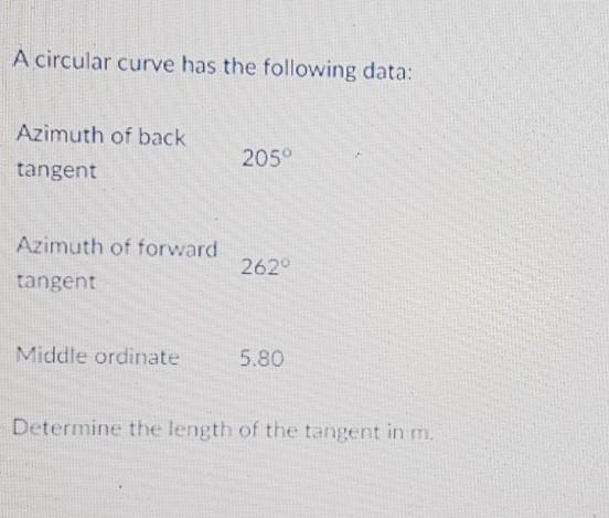 Solved A circular curve has the following data: Azimuth of | Chegg.com