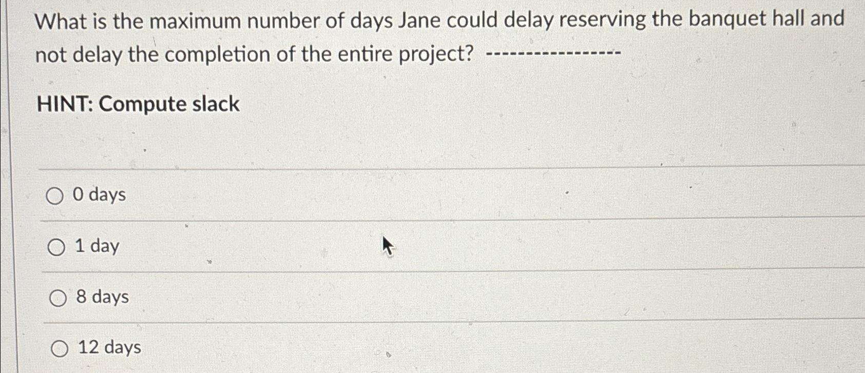 Solved What is the maximum number of days Jane could delay | Chegg.com