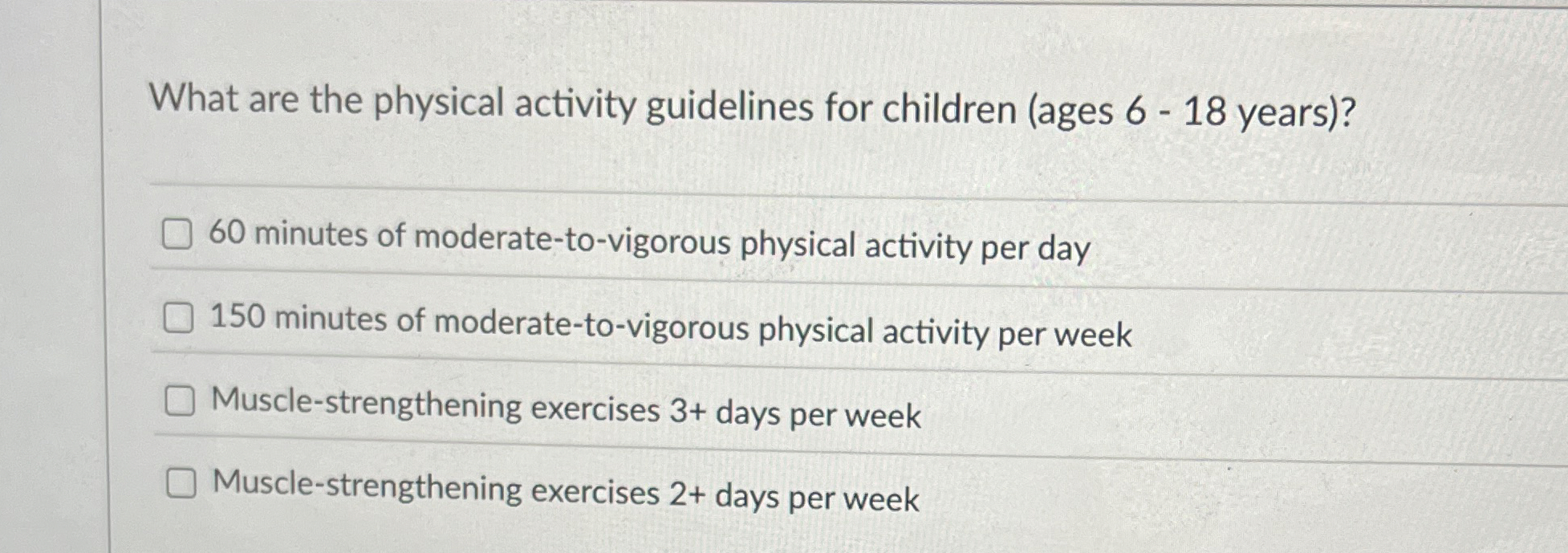 Solved What are the physical activity guidelines for | Chegg.com