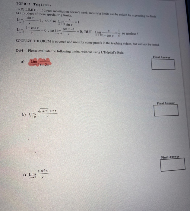 Solved TOPIC 2: Trig Limits TRIG LIMITS: If direct | Chegg.com