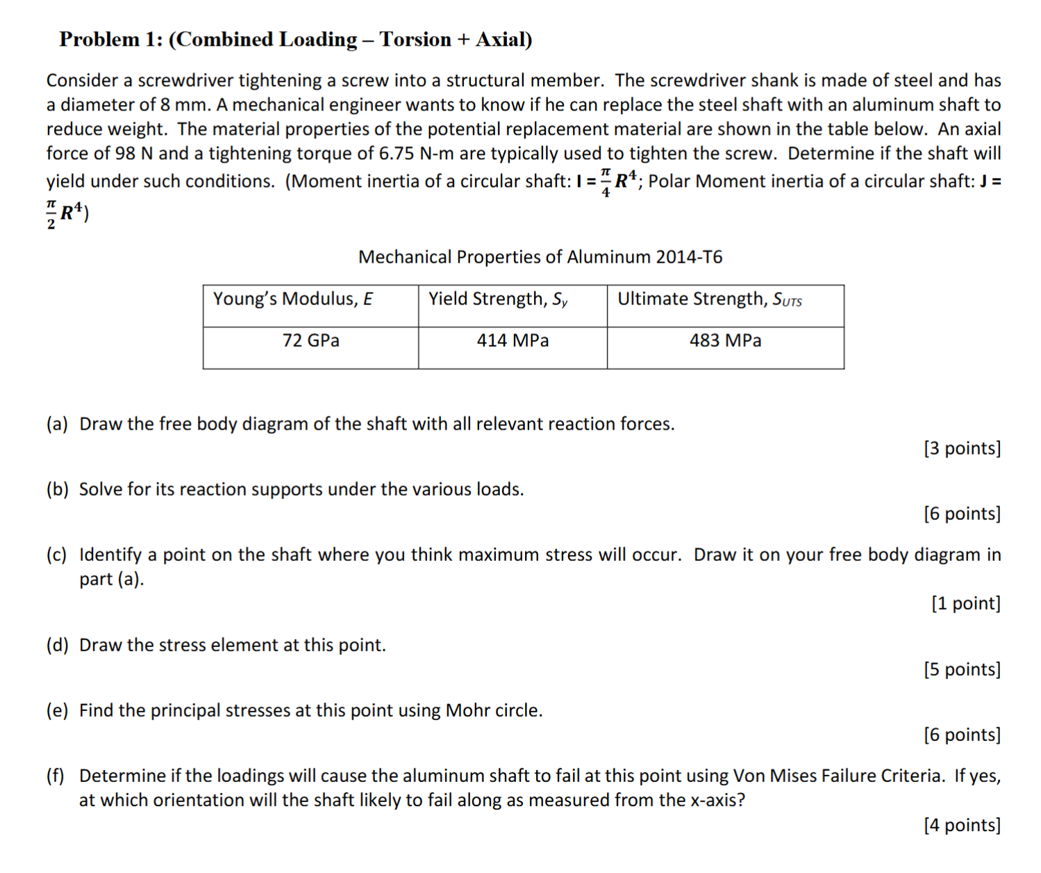 Problem 1: (Combined Loading - ﻿Torsion + ﻿Axial) | Chegg.com
