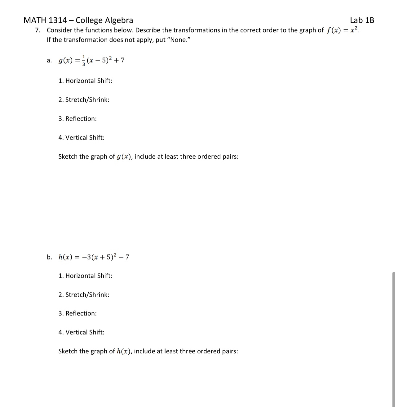 Solved MATH 1314 - ﻿College AlgebraLab 1B7. ﻿Consider the | Chegg.com