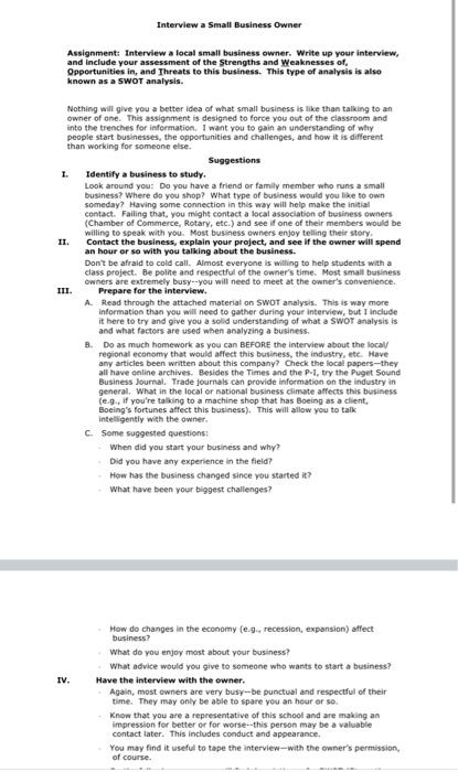 Solved Interview a Small Business Owner Assignment: | Chegg.com