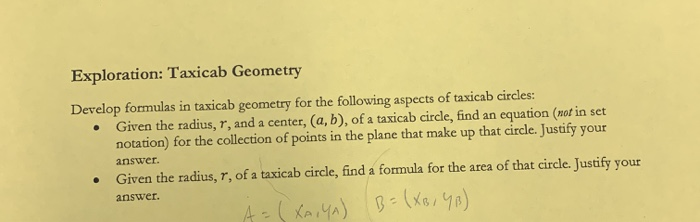Solved Exploration: Taxicab Geometry Develop formulas in | Chegg.com