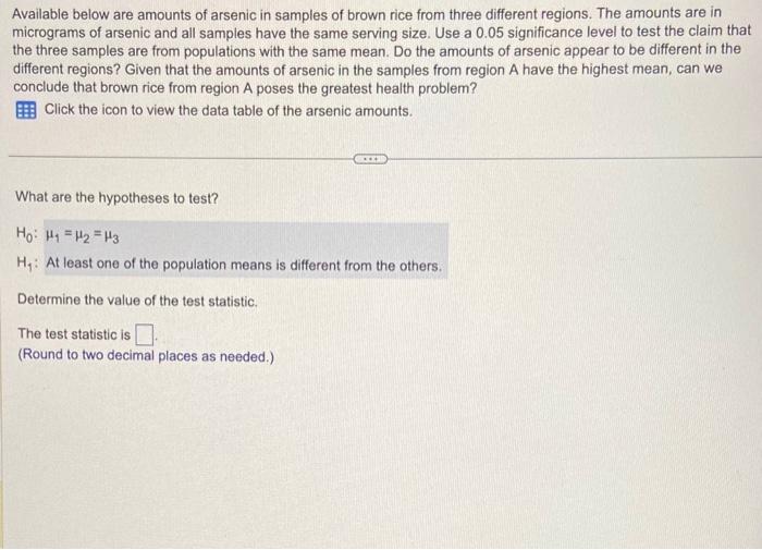 Solved Available below are amounts of arsenic in samples of | Chegg.com