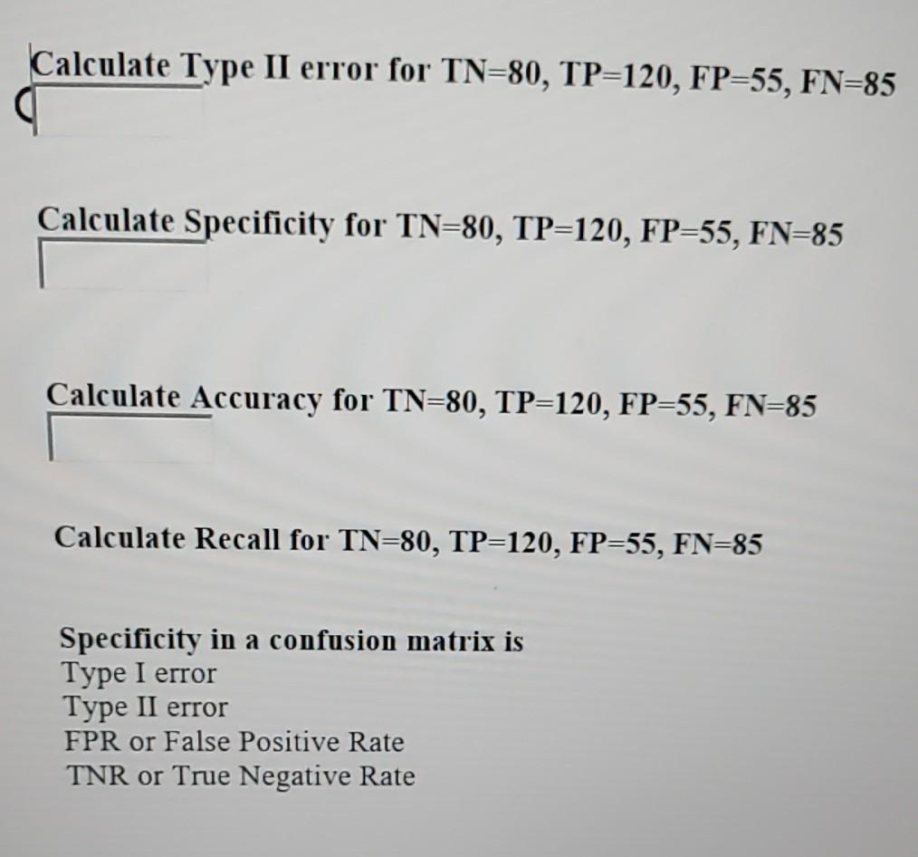 Solved Calculate Type II error for TN=80, TP=120, FP=55, | Chegg.com