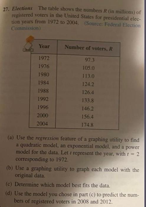 Solved 27. Elections The table shows the numbers R (in | Chegg.com