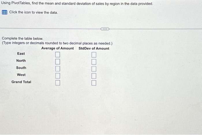 Solved Using PivotTables, find the mean and standard | Chegg.com