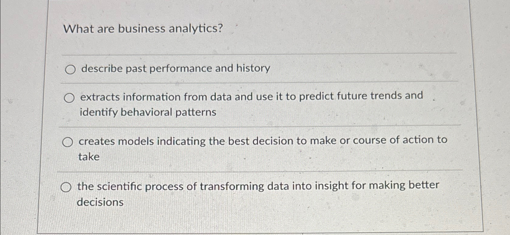 Solved What are business analytics?describe past performance | Chegg.com