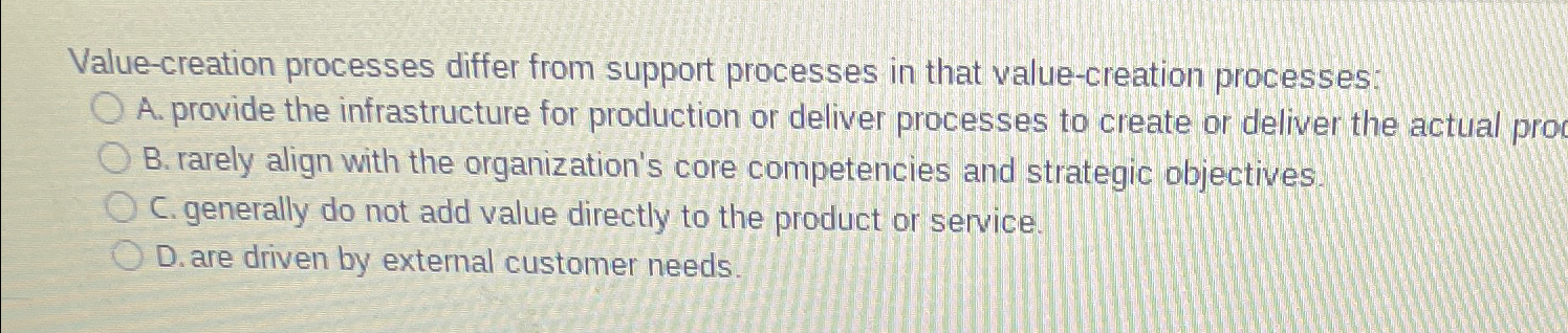 Solved Value-creation processes differ from support | Chegg.com