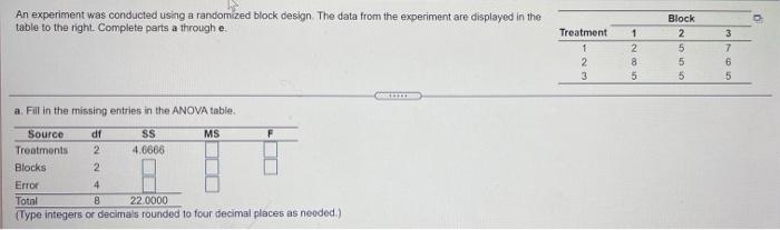 Solved An experiment was conducted using a randomized block | Chegg.com