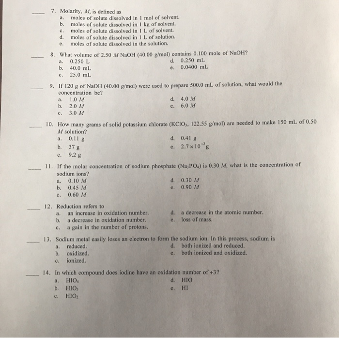 Solved 7. Molarity, M, is defined as a. moles of solute | Chegg.com