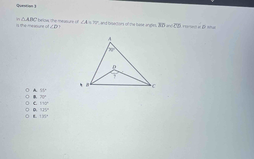 Solved Question 3In ????ABC ﻿below, the measure of ??A ﻿is | Chegg.com