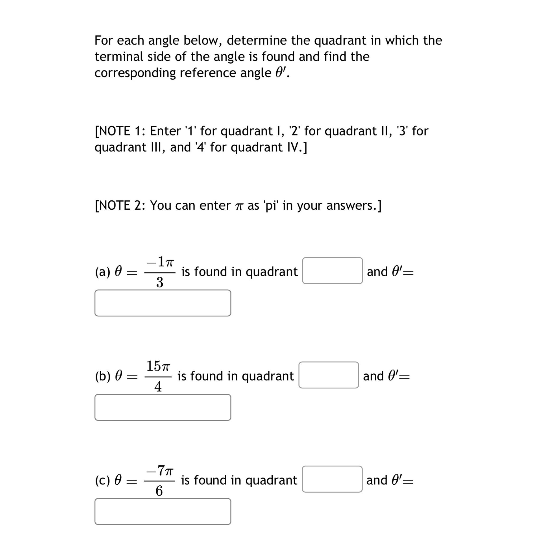 Solved For each angle below, determine the quadrant in which | Chegg.com