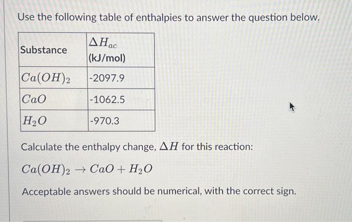 Solved Use the following table of enthalpies to answer the | Chegg.com