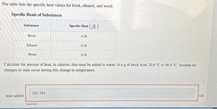 The table lists the specific heat values for brick, | Chegg.com