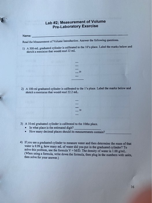 Solved Lab #2 ; Measurement of Volume Pre-Laboratory | Chegg.com