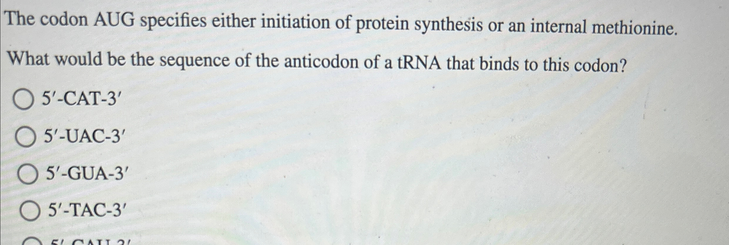 Solved The codon AUG specifies either initiation of protein | Chegg.com