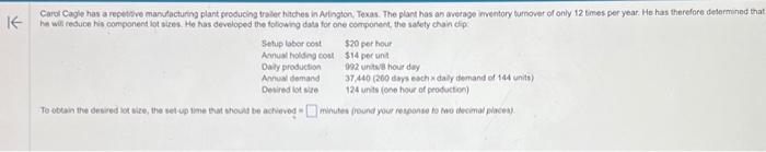 Solved \begin{tabular}{|c|c|} \hline Setup loser cost & $20 | Chegg.com