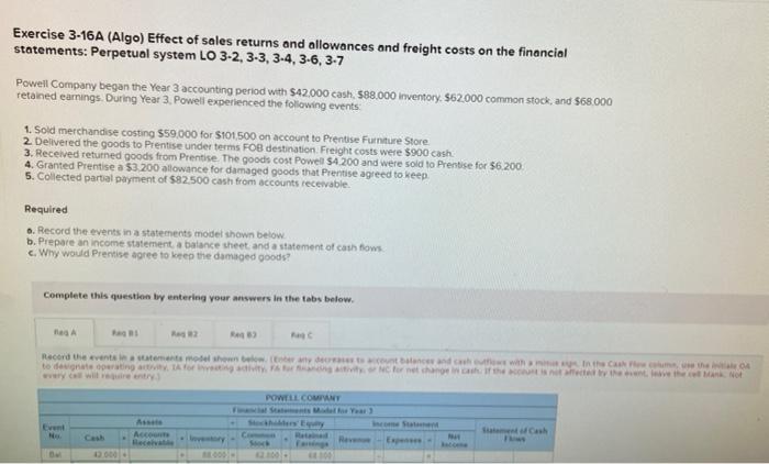 Solved Exercise 3-16A (Algo) Effect of sales returns and | Chegg.com