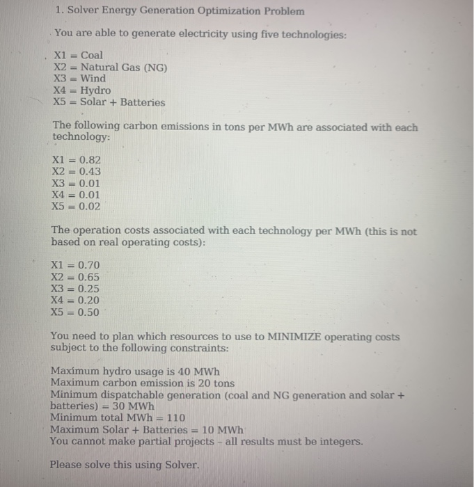 1. Solver Energy Generation Optimization Problem You | Chegg.com