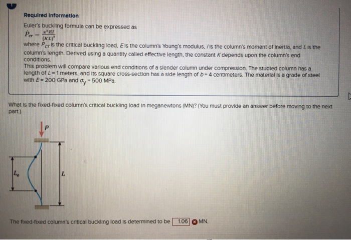 Solved Po - 1 Required Information Euler's buckling formula | Chegg.com