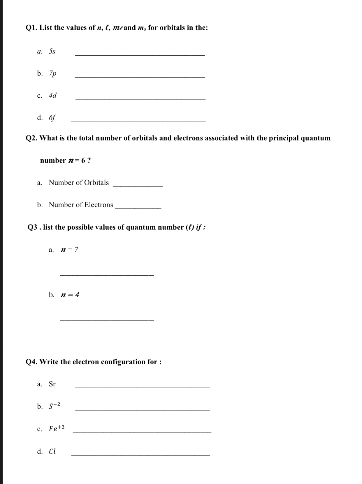Solved Q1. ﻿List the values of n,l,ml ﻿and ms ﻿for orbitals | Chegg.com