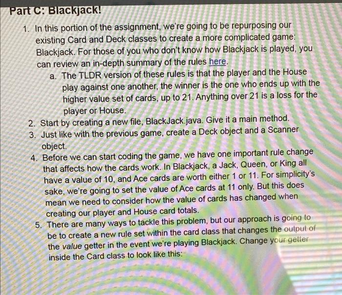 Solved Part 2: Blackjack! 1. In this portion of the | Chegg.com