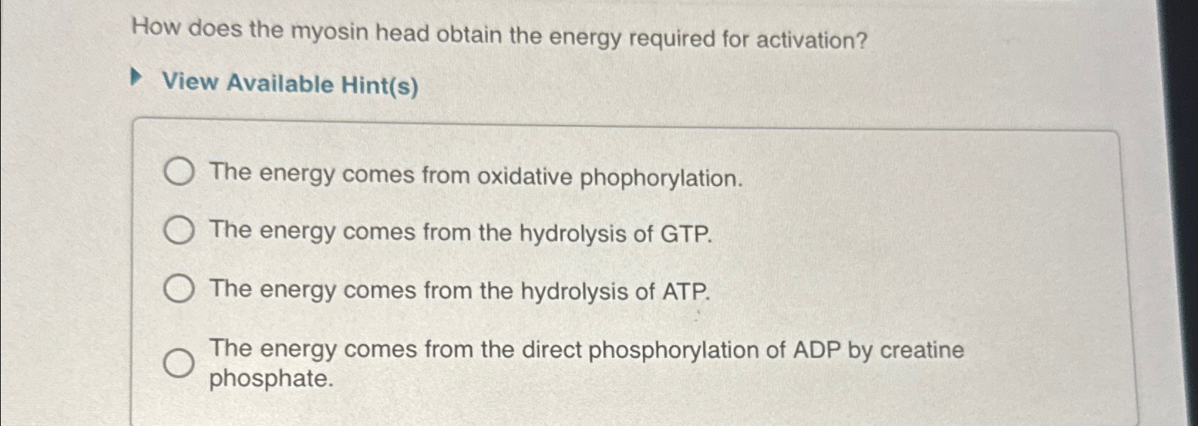 Solved How does the myosin head obtain the energy required | Chegg.com