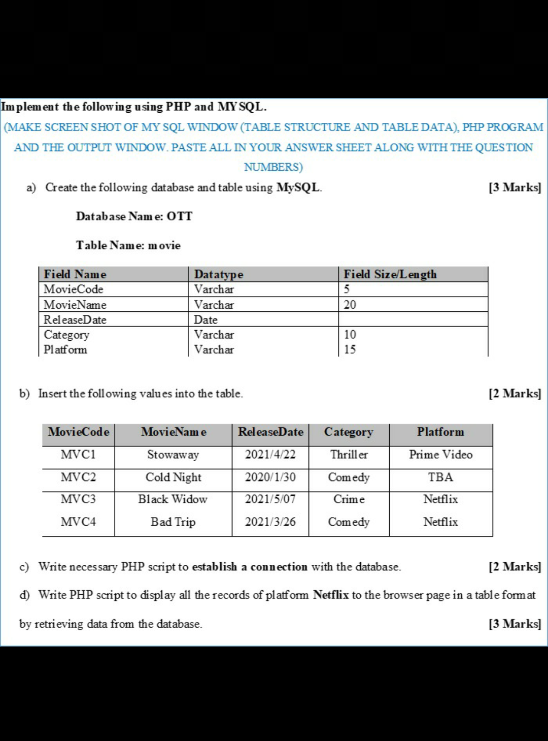 Solved Implement the following using PHP and MYSQL. (MAKE | Chegg.com