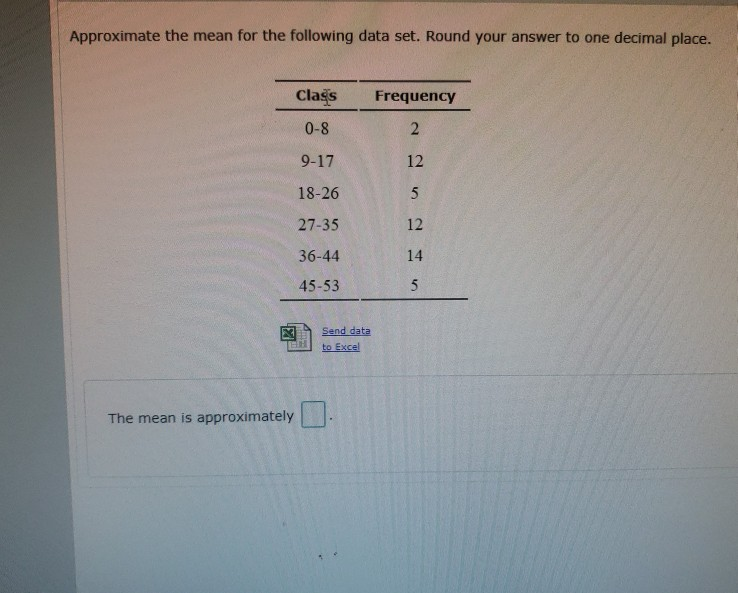 Solved Approximate the mean for the following data set. | Chegg.com