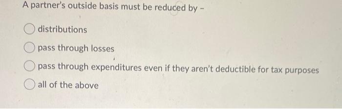 Solved A partner's outside basis must be reduced by - | Chegg.com