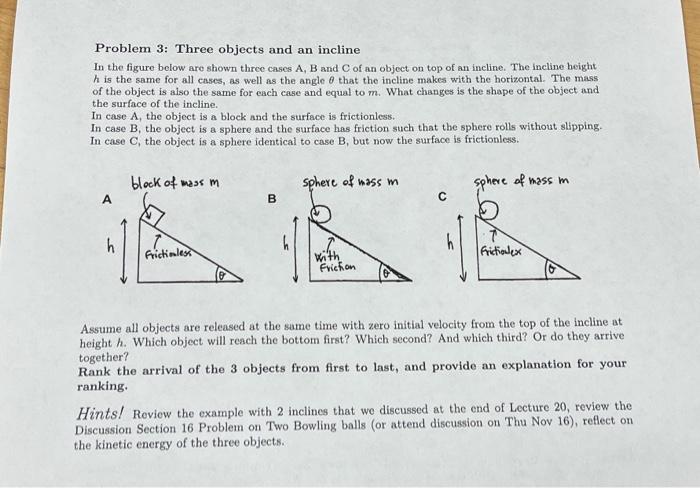 Solved Problem 3: Three objects and an incline In the figure | Chegg.com