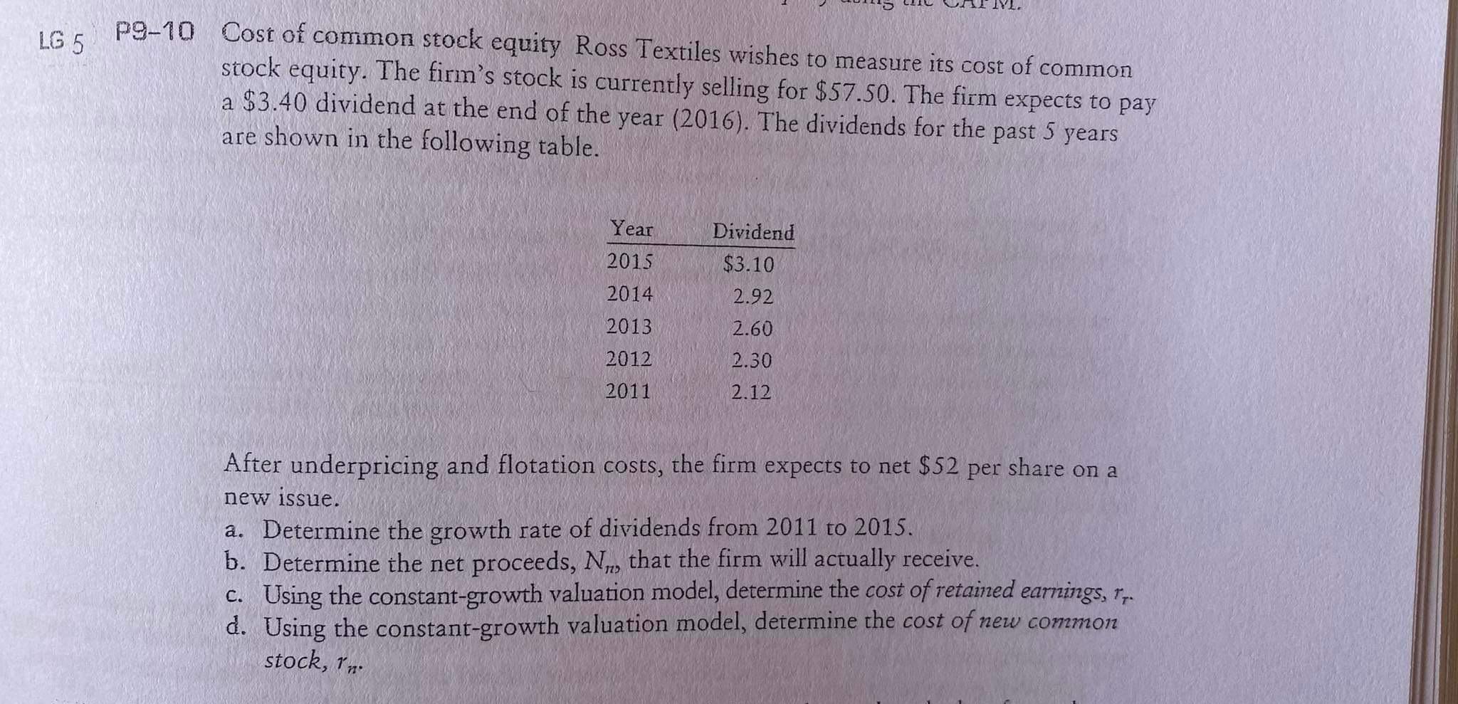 Solved LG 5 ﻿P9-10 ﻿Cost of common stock equity Ross | Chegg.com