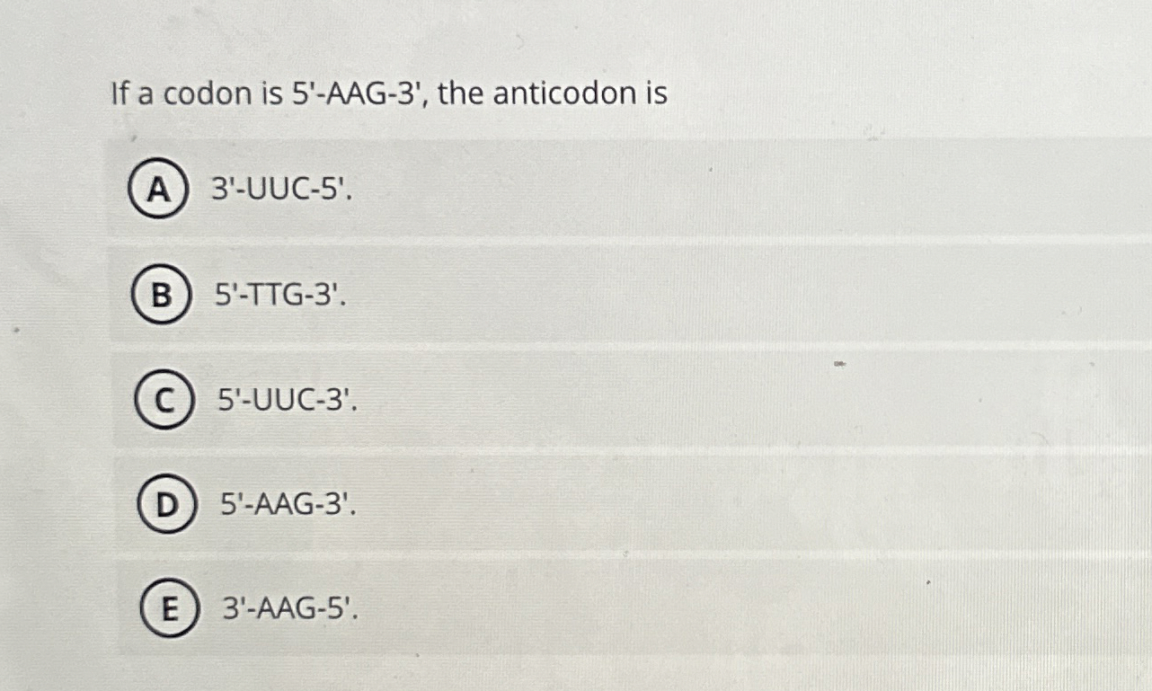 Solved If a codon is 5'-AAG-3', ﻿the anticodon | Chegg.com