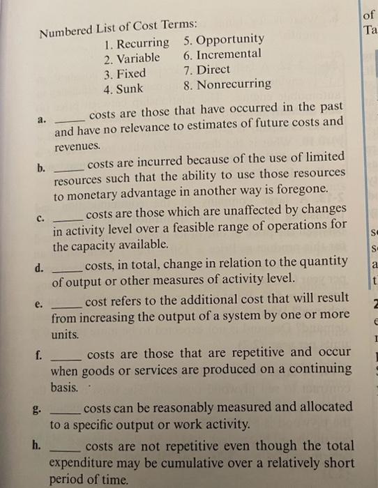 Solved Numbered List of Cost Terms: 1. Recurring 5. | Chegg.com