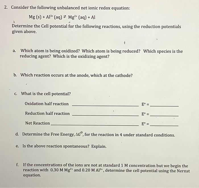 Solved Consider the following unbalanced net ionic redox | Chegg.com