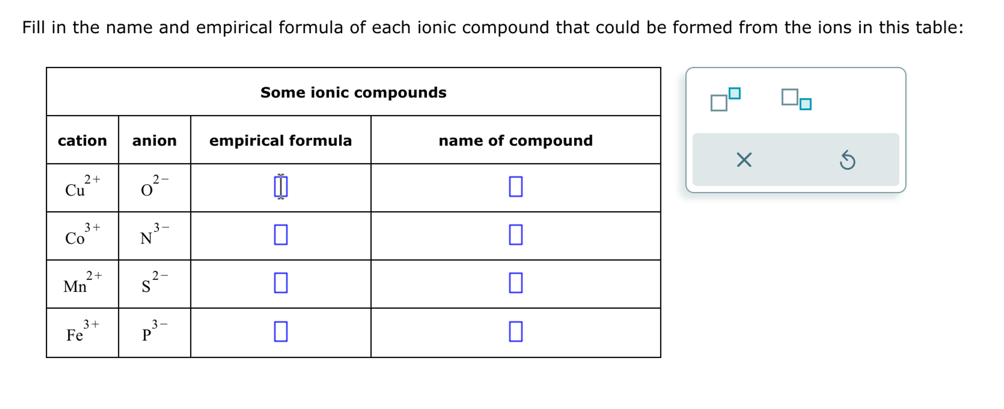 Solved Fill in the name and empirical formula of each ionic | Chegg.com