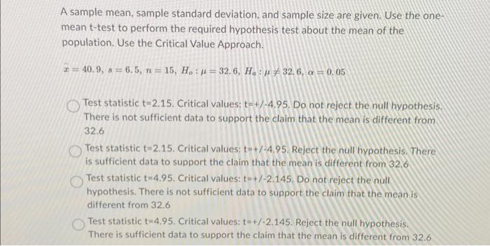 Solved A sample mean, sample standard deviation, and sample | Chegg.com