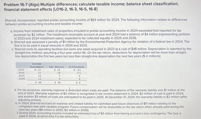Problem 16-7 (Algo) Multiple differences; calculate | Chegg.com