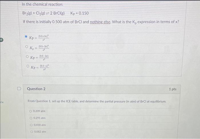 Solved In the chemical reaction: Br2( g)+Cl2( | Chegg.com